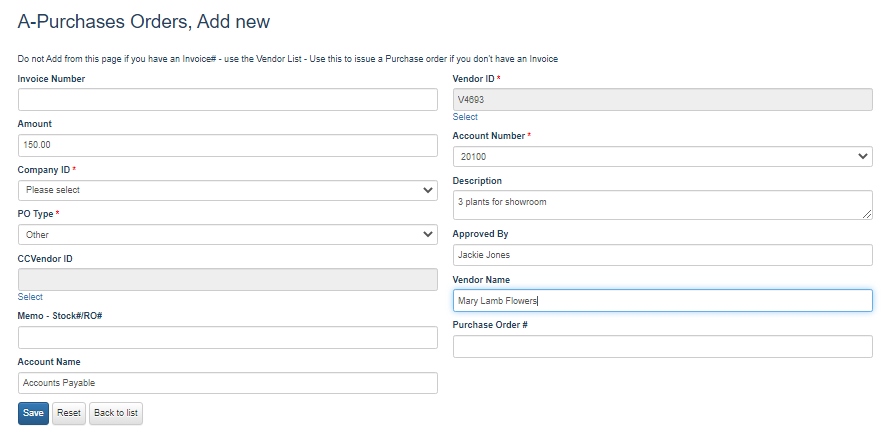 How to manually update Vendor / Invoice on a Purchase Order