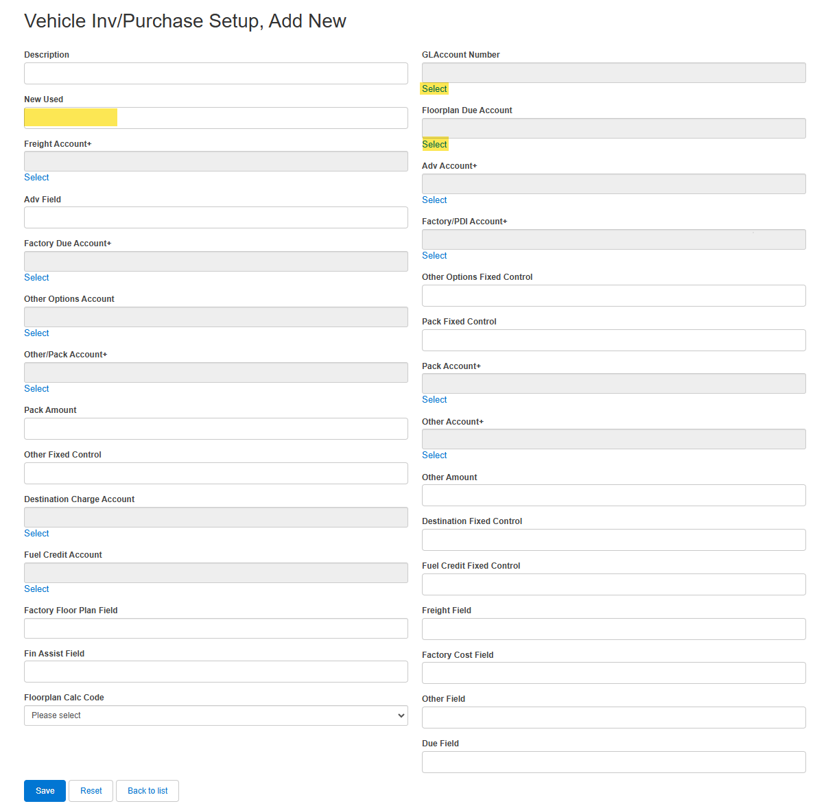 Setup Vehicle Purchase Accounts